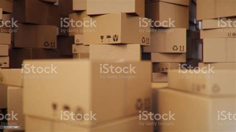 창고 물류 센터 내부 골판지 상자의 배경 골판지 상자로 가득 찬 창고 창고의 혼란 3d 일러스트레이션 상자에 대한 스톡 사진 및 기타 이미지 Istock