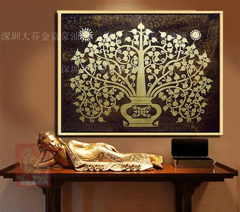 纯手绘东南亚泰式菩提树金箔画单幅客厅家居玄关装饰画挂画油画 虎窝淘