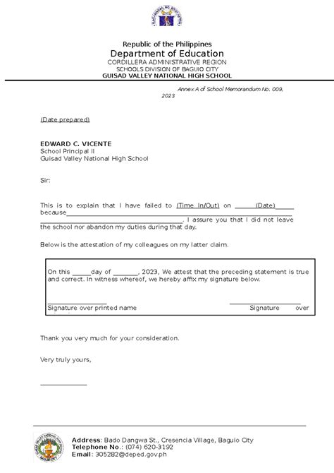 Annex A Of School Memorandum No Republic Of The Philippines Department Of Education Cordillera