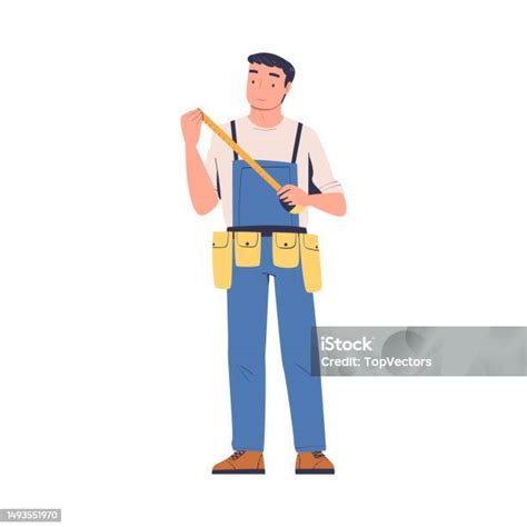 파란색 작업복을 입은 수리공이 측정 테이프 벡터 삽화와 함께 서 있다 기술자에 대한 스톡 벡터 아트 및 기타 이미지 기술자