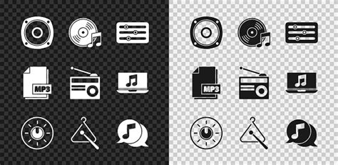 스테레오 스피커 사운드 믹서 컨트롤러 다이얼 노브 레벨 기술 설정 삼각형 악기 음악 노트 음성 거품 Mp3 파일 문서 및 안테나 아이콘 라디오를 설정합니다 벡터 검은색에