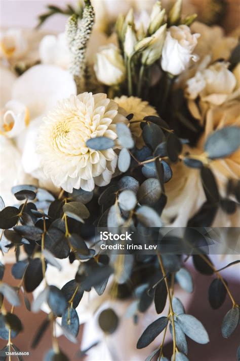 흰색 녹색 베이지 색 신부 꽃다발 과 오키드 장미 베이비 블루 유칼립투스 잎 달리아 유스토마스 클로즈 업 웨딩 플로럴 디테일 부케에 대한 스톡 사진 및 기타 이미지 Istock