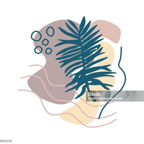 유기적인 모양 선 실루엣 열대 야자수 잎이 있는 귀여운 추상적인 구성 최소한의 예술 디자인 자연의 요소가 있는 차분한 추상적인 패턴 유체 기하학적 형태의 단풍 그리기 0명에