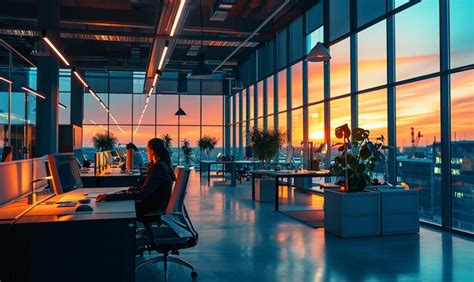 Premium Photo Hybrid Office Sunset With Virtual Work Integration