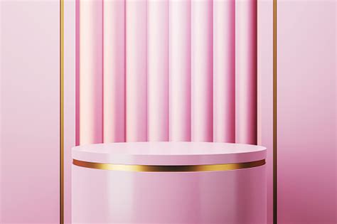 현대적인 분홍색 연단 디스플레이 장면과 금색 악센트와 제품 배치 또는 브랜딩 프레젠테이션 템플릿 배경을위한 부드러운 조명 3d 렌더링 0명에 대한 스톡 사진 및 기타 이미지
