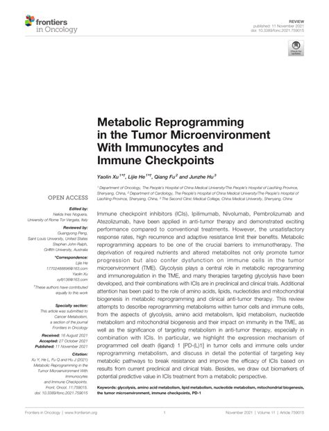 Pdf Metabolic Reprogramming In The Tumor Microenvironment With Immunocytes And Immune Checkpoints