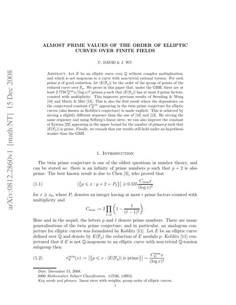 Pdf Almost Prime Values Of The Order Of Elliptic Curves Over Finite Fields