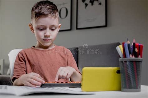 Little Boy Counting With Help An Abacus Mental Arithmetic Brain