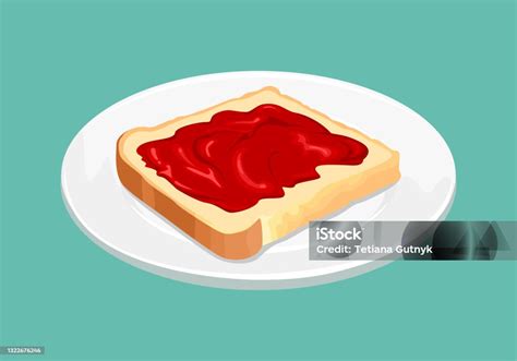 붉은 잼이 토스트 빵에 퍼짐 딸기 젤리 샌드위치 접시 만화 플랫 스타일로 아침 식사의 벡터 일러스트 토스트에 대한 스톡 벡터