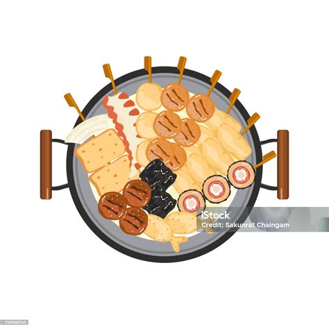 다양한 꼬치와 함께 제공되는 길거리 음식 야키토리의 일러스트 세트 아시아 패스트 푸드 레스토랑 오뎅 냄비 및 흰색 배경에 고립
