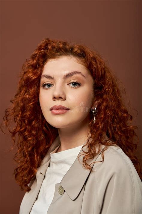 Portrait Of Curly Redhead Woman With Stock Image Image Of Confident Fashionable