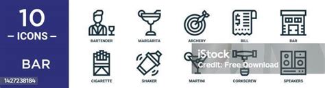 막대 윤곽선 아이콘 세트는 얇은 선 바텐더 양궁 막대기 셰이커 코르크 나사 스피커 보고서 프리젠 테이션 다이어그램 웹 디자인을위한 담배 아이콘을 포함합니다 0명에 대한 스톡