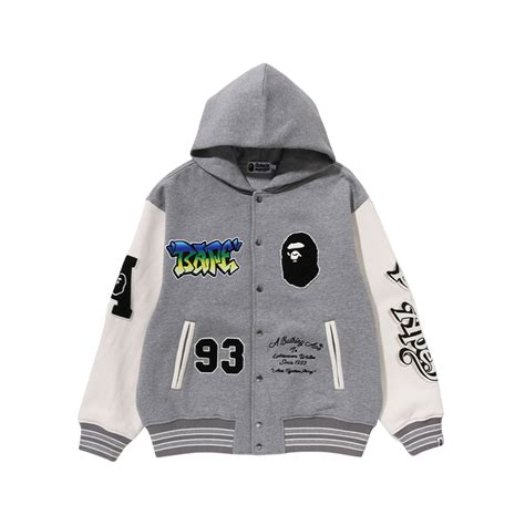 베이프 럭스 스포츠 뱃지 오버사이즈 후드 스웨트 바시티 자켓 그레이 Bape Kream