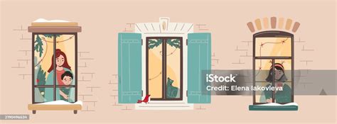 조명으로 장식 된 크리스마스 창 세트 전나무 가지 캐릭터 소녀 어머니와 태양 고양이 아늑한 겨울 저녁 강설 따뜻한 크리스마스 또는 새해 분위기 벡터 일러스트 레이 션 12