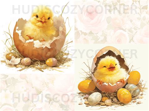 9 Fluffy Easter Hatching Chick Clipart Spring Flowers And Eggs