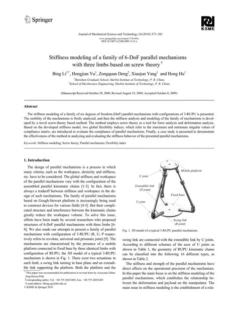 PDF Stiffness Modeling Of A Family Of DoF Parallel Mechanisms With Three Limbs Based On Screw