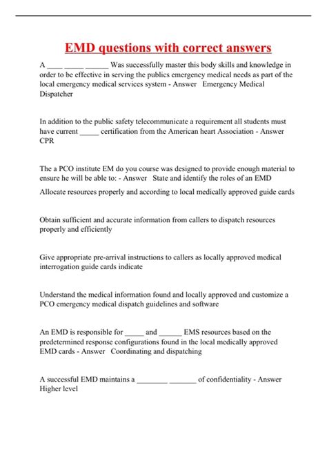 EMD Questions With Correct Answers EMD Emergency Medical Dispatcher Stuvia US