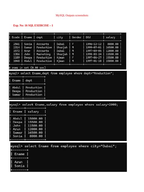 Sql Exercise 123 Outputs Pdf