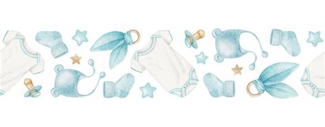 신생아 소년 바디 슈트 노리개 모자 양말 별 및 Teether를위한 액세서리의 이음매없는 테두리 고립된 수채화 삽화 어린이에 적합 하 게 쇼핑 카드 베이비 샤워 아이 방 0