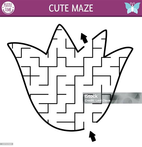 아이들을 위한 튤립 꽃 모양의 기하학적 미로 숲 또는 정원 미로 유치원 인쇄 가능한 활동 어린이를 위한 삼림 요정 정원 게임 자연 과학 또는 봄 테마 퍼즐 0명에 대한 스톡