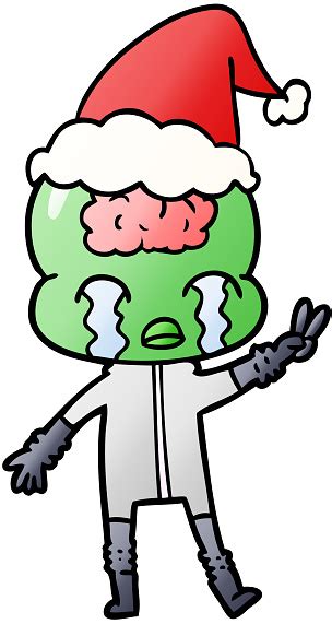 산타 모자를 쓰고 울고 평화의 표시를 하는 큰 뇌 외계인의 손으로 그린 그라데이션 만화 고독 부정적인 감정 표현에 대한 스톡 벡터 아트 및 기타 이미지 고독 부정적인