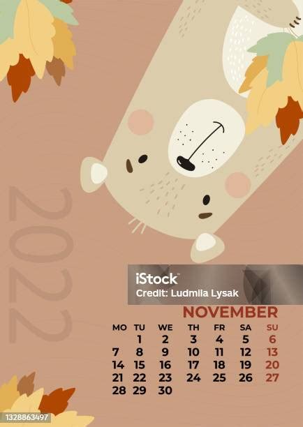 곰 달력 2022년 11월 단풍이 있는 귀여운 곰 플랫 스타일로 벡터 그림입니다 세로 템플릿입니다 월요일부터 매주 설계 및 인쇄용 문구류 11월에 대한 스톡 벡터 아트 및