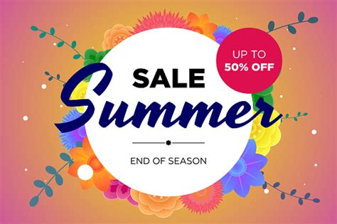 여름 판매 제공 프로 모션 서클 배너 꽃과 잎과 가지 특별 할인 이랑 홍보 잡지 광고 웹 사이트를 위한 포스터 벡터 일러스트 레이 션 템플릿 0명에 대한 스톡 벡터 아트 및