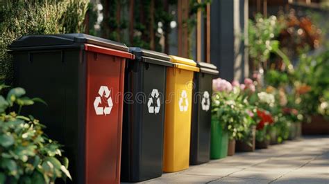Row Of Colorful Recycling Bins With Recycling Symbols On Sidewalk Stock Illustration