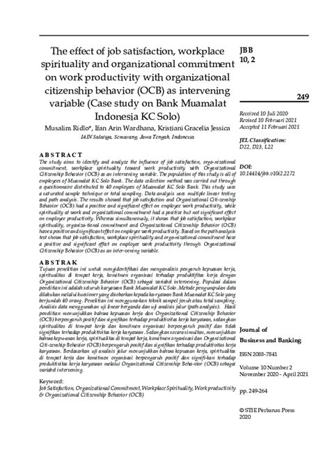 Pdf The Effect Of Job Satisfaction Workplace Spirituality And Organizational Commitment On