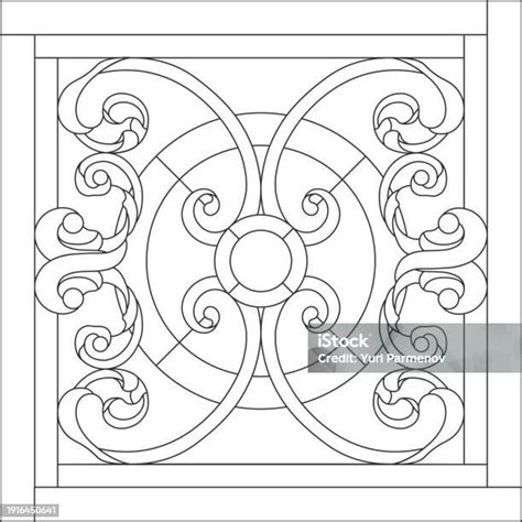 정사각형 프레임의 스테인드 글라스 정사각형 프레임의 천장 창 대칭 구성 추상적인 꽃 소용돌이 및 나뭇잎 창에 대 한 벡터 일러스트 레이 션 패널입니다 개요 복사 0명에 대한