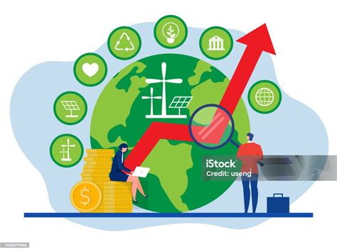 글로벌 비즈니스 투자 환경 및 청정 산업에 대한 성장 사업 투자 비즈니스 투자 에너지 원 세계 환경의 날 자연 절약 플랫 벡터 일러스트 레이 션 사업가에 대한 스톡 벡터