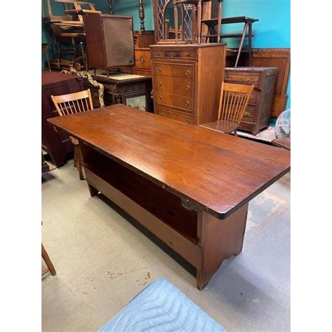 19th Century Primitive Pine Hutch Dining Table Set 6 Chairs With Built