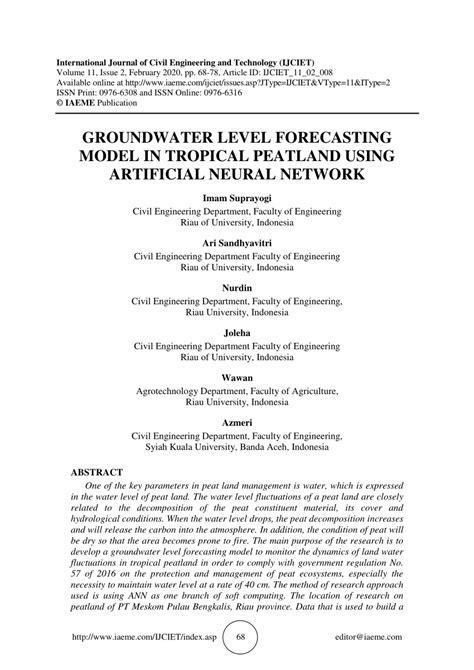 Pdf Groundwater Level Forecasting Model In Tropical Peatland Using Artificial Neural Network