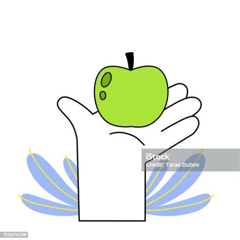 손을 잡고 사과를 주는 건강한 천연 식품 녹색 과일 수확 흰색으로 고립된 모던 한 트렌디 한 윤곽 만화 일러스트 개념에 대한 스톡 벡터 아트 및 기타 이미지 Istock