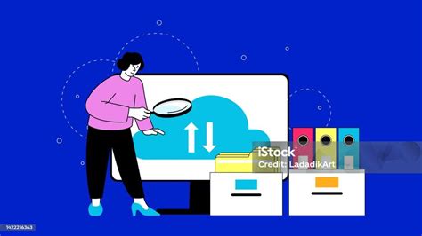 돋보기로 파일을 찾는 여성 디지털 저장 및 데이터 교환 벡터 개념 파일 관리자 및 검색 은유 기술 진행 상황 개념에 대한 스톡 벡터 아트 및 기타 이미지 Istock