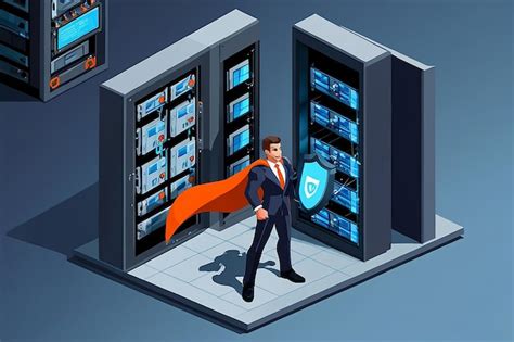 Flat 3d Isometric Super Businessman Holding Shield Protecting Data