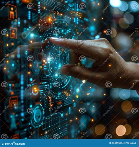 Ai Generated Illustration Of A Human Hand Touching A Computer Screen Stock Illustration