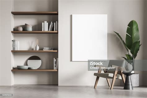 커피 테이블 포스터가있는 책장과 안락 의자가있는 밝은 거실 인테리어 0명에 대한 스톡 사진 및 기타 이미지 0명 3차원 형태 거실 Istock