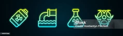 라인 원자력 배터리 폐수 시험관 방사선 및 생물학적 위험 기호를 설정합니다 빛나는 네온 아이콘입니다 벡터 건강 진단에 대한 스톡