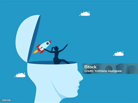 혁신적인 아이디어 그의 머리에서 로켓을 던지는 사업가 개발에 대한 스톡 벡터 아트 및 기타 이미지 개발 개선 겨냥