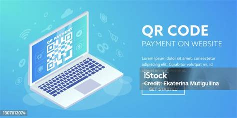 웹 사이트 배너에 Qr 코드 지불 랩톱 화면 개념에 3d 스캔 바코드 온라인 Qr 지불 등자극성 벡터 디지털 인터넷 결제 일러스트레이션 3차원 형태에 대한 스톡 벡터 아트