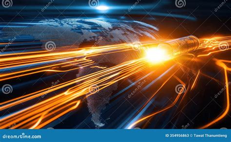 Glowing Light Trail Across World Map Visualizing Global Connection And Data Flow Stock