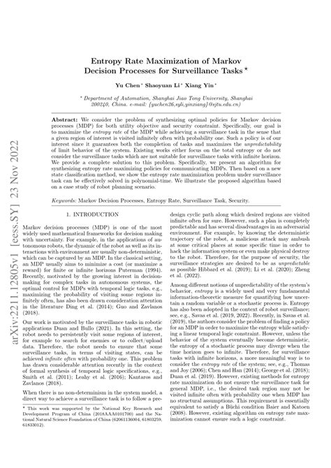 Pdf Markov Decision Processes With Maximum Entropy Rate For
