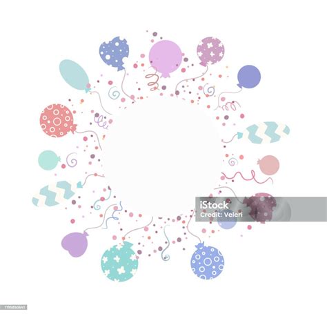 평평한 손으로 그린 풍선 뱀 색종이 및 텍스트 장소가있는 둥근 프레임 벡터 휴일 개체는 배경과 분리됩니다 간단한 부드러운 템플릿 0명에 대한 스톡 벡터 아트 및 기타 이미지