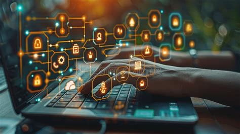 Secure Typing Human Hands On Laptop Keyboard With Cyber Security Icons Stock Illustration