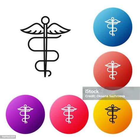 흰색 배경에 고립 된 검은 선 Caduceus 뱀 의료 기호 아이콘입니다 의학 및 건강 관리 약국이나 의약품 약국의 상징 아이콘 다채로운 원 버튼을 설정합니다 벡터