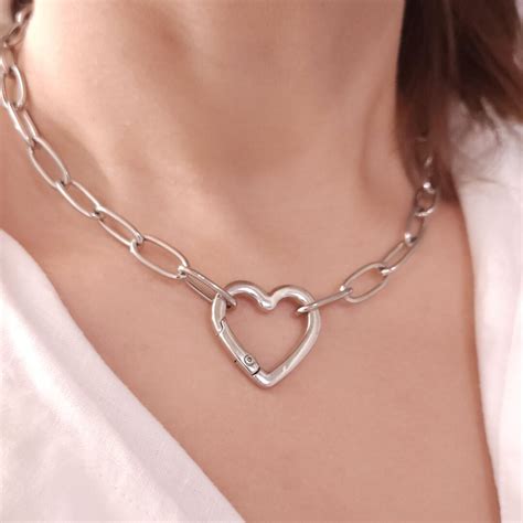 Silver Heart Necklace Or Bracelet Paperclip Necklace With Spring
