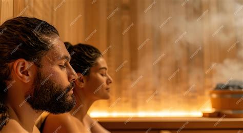 Couple Relaxing In Steamy Sauna Warm Amber Light Serene Premium Ai