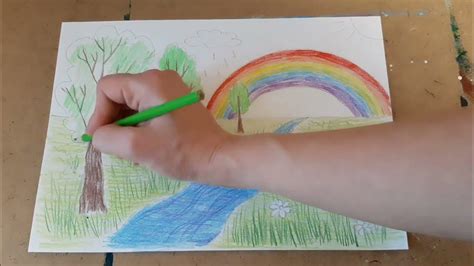 Малюємо пейзаж з веселкою кольоровими олівцями Урок для дітей 5 8 років Youtube