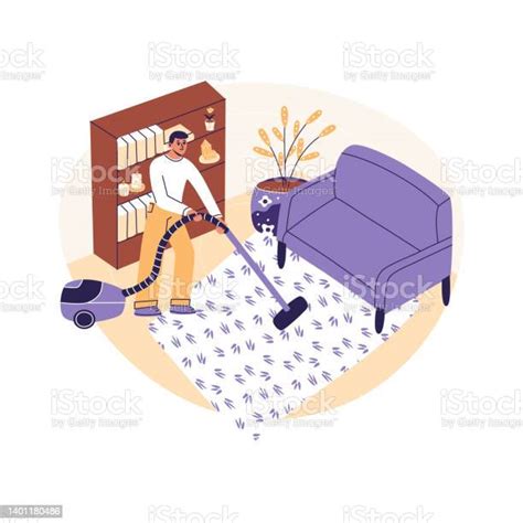 잘 생긴 남자 청소 목수 집에 진공 청소기를 청소하는 젊은 남자 집 남편은 진공 청소기로 현대적인 거실을 청소합니다 플랫 만화 벡터 일러스트 레이션 트렌디 한 색상 흰색